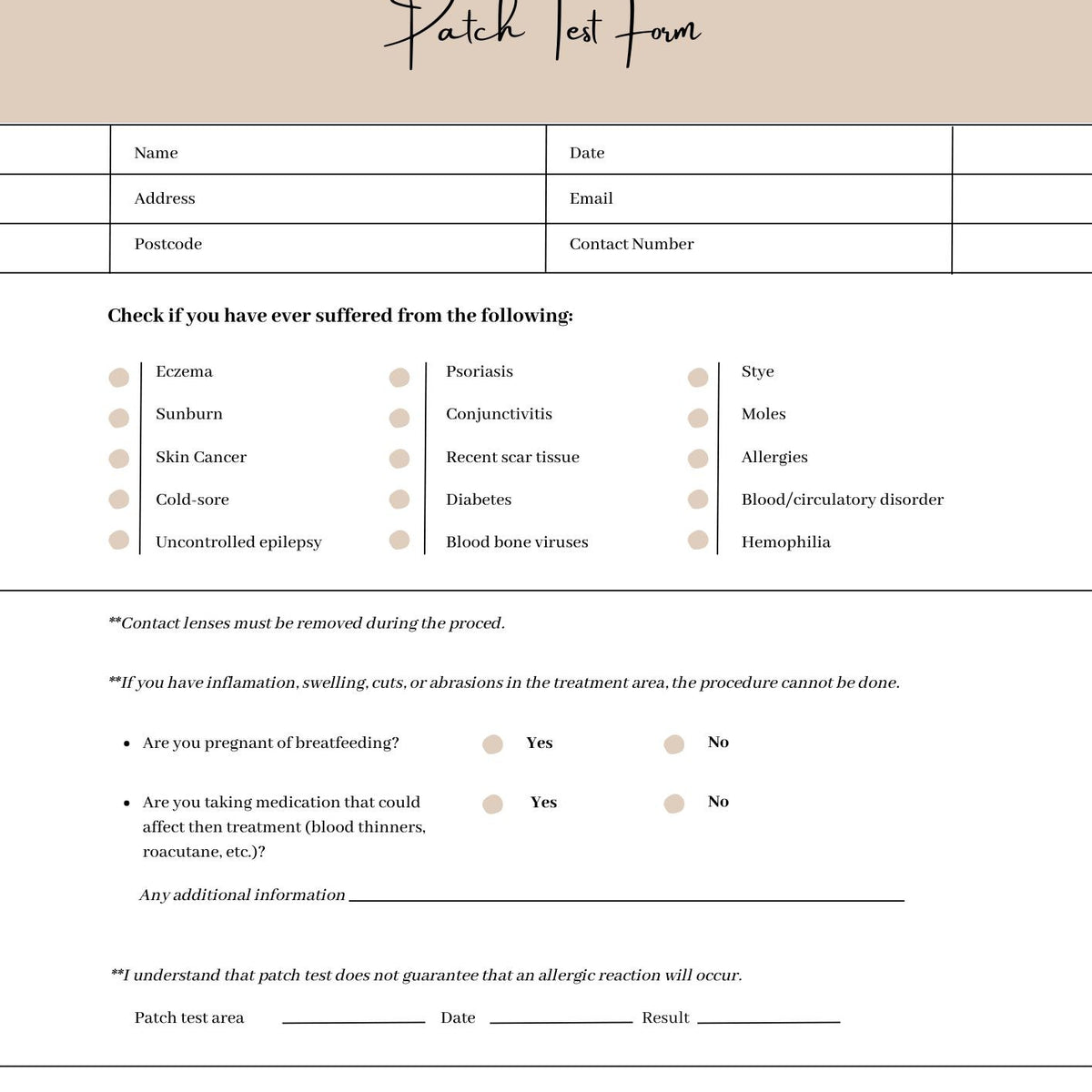 Patch test form for lashes/lash lift/tint/brow lamination - LADYBUGLASHES